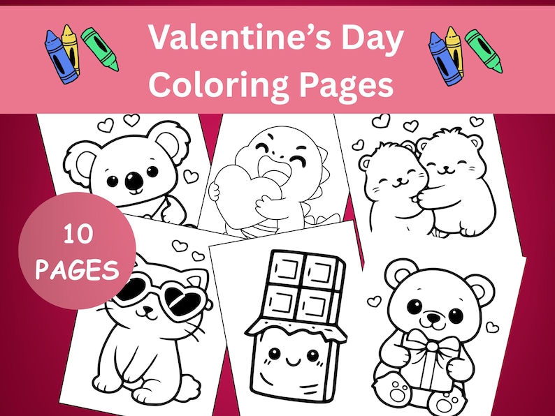 Kawaii Valentine Coloring Pages for Kids, Easy Printables (10-page PDF ...