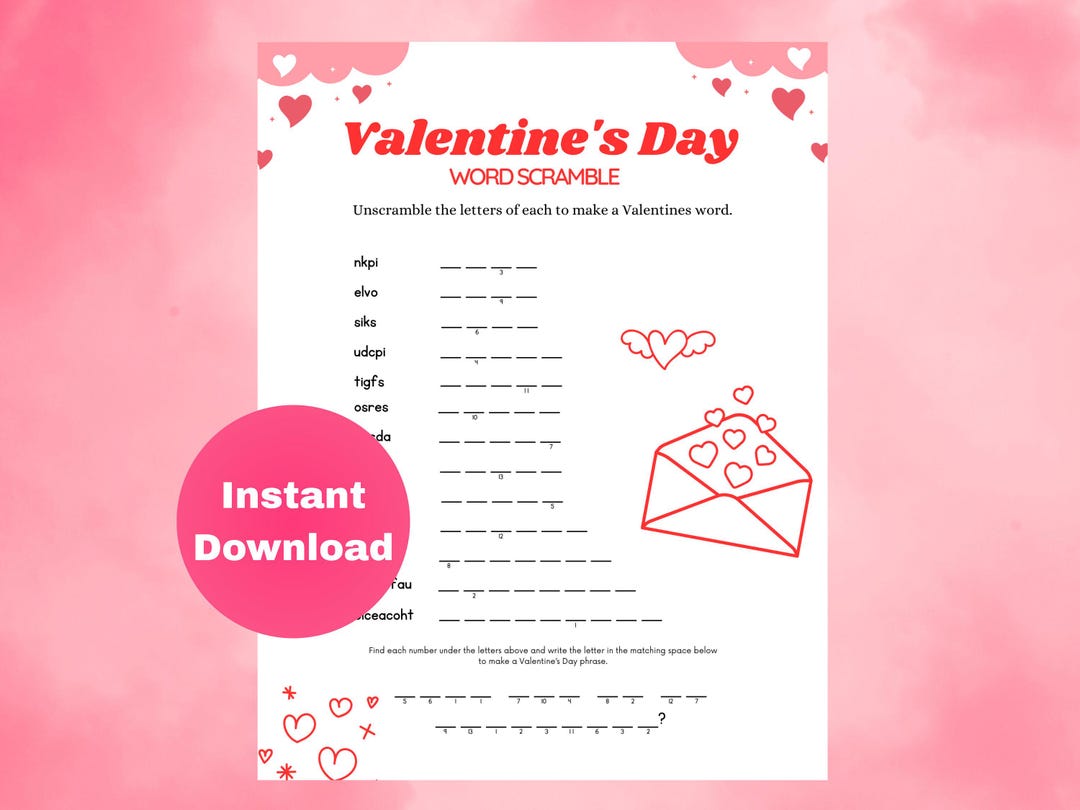 Valentine’s Day Word Scramble Printable | Fun Valentine Party Game for ...