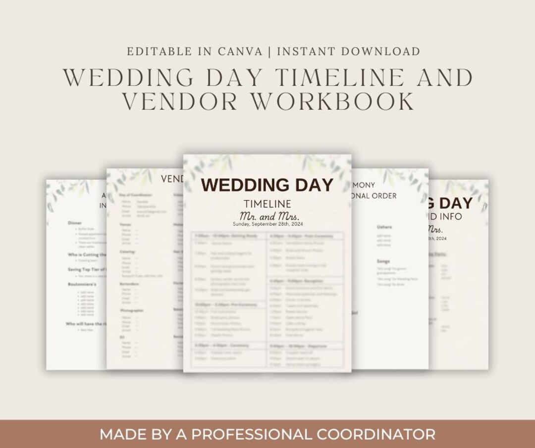 Wedding Day Timeline & Vendor Workbook | Editable Canva Day-of ...