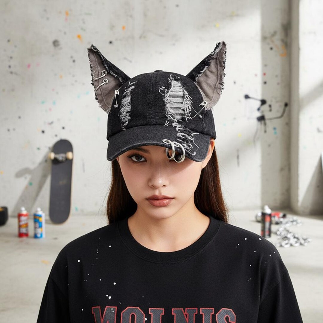 Distressed Cat Ear Cap | Black Denim Baseball Cap With Rings | Gothic ...