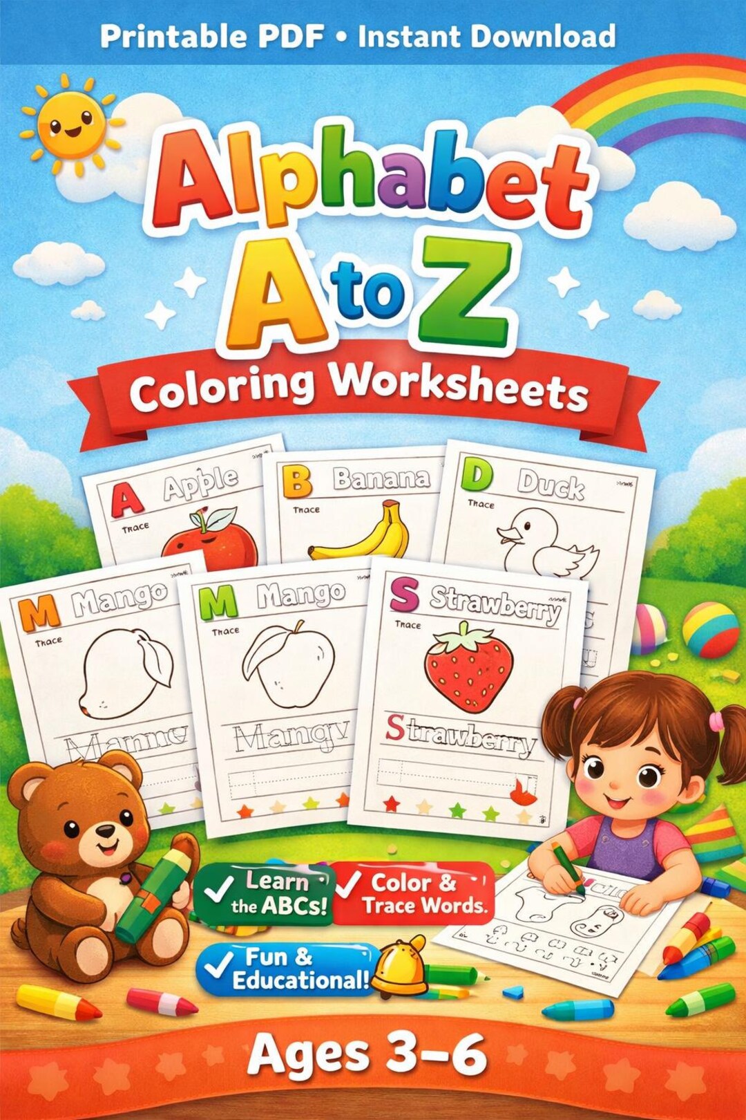 Alphabet Coloring Pages | A-Z Tracing Worksheets (printable PDF) - Etsy