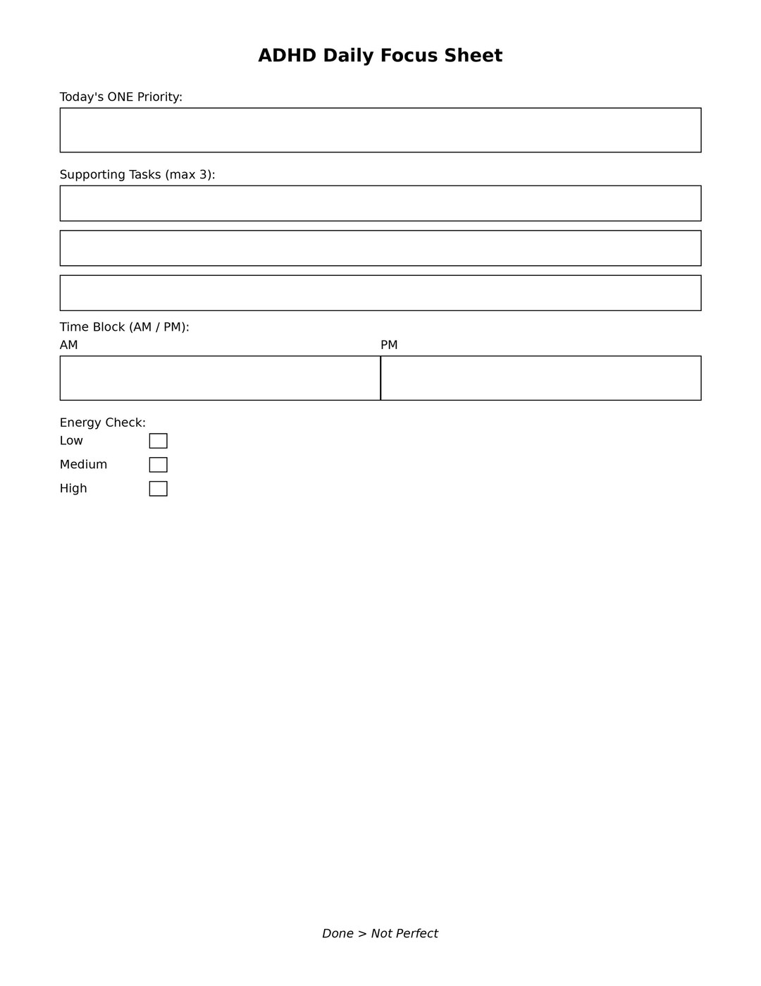 Premium ADHD Daily Focus Sheet | Minimalist Executive Function Planner ...