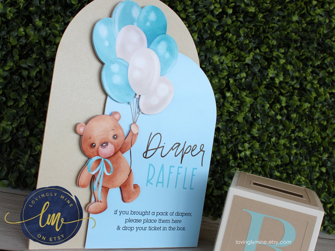 Diaper Raffle Game Set, Teddy Bear Raffle Box With Tickets, Baby Blue ...