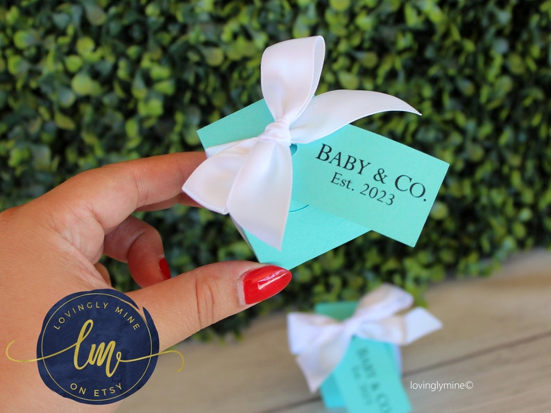 Baby & Company Favor Boxes With Matching Tags in Light Teal With White ...