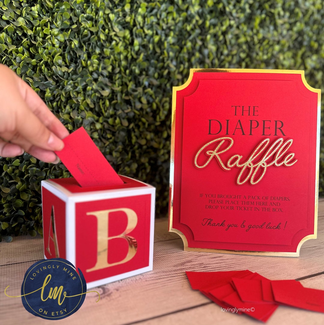 Diaper Raffle Game Kit With Sign and Mini Card Box in Red, Gold Glitter ...