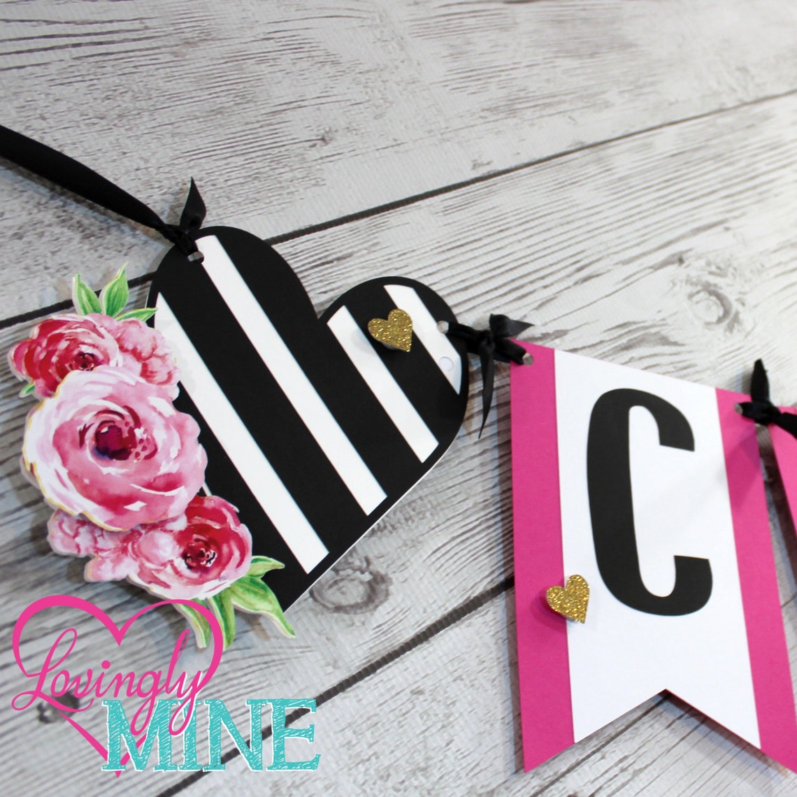 Banners in Hot Pink Black & White Stripes and Glitter Gold | Etsy