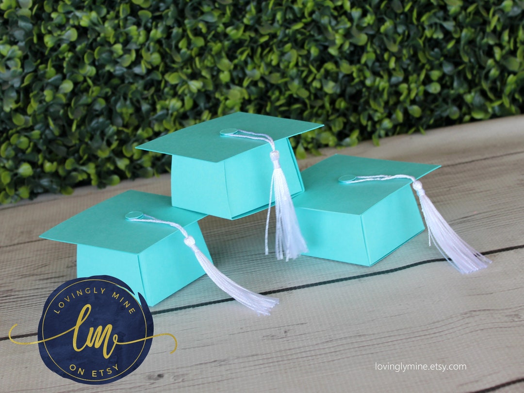 Light Teal Aqua Graduation Grad Cap Favor Boxes With White Tassels and ...