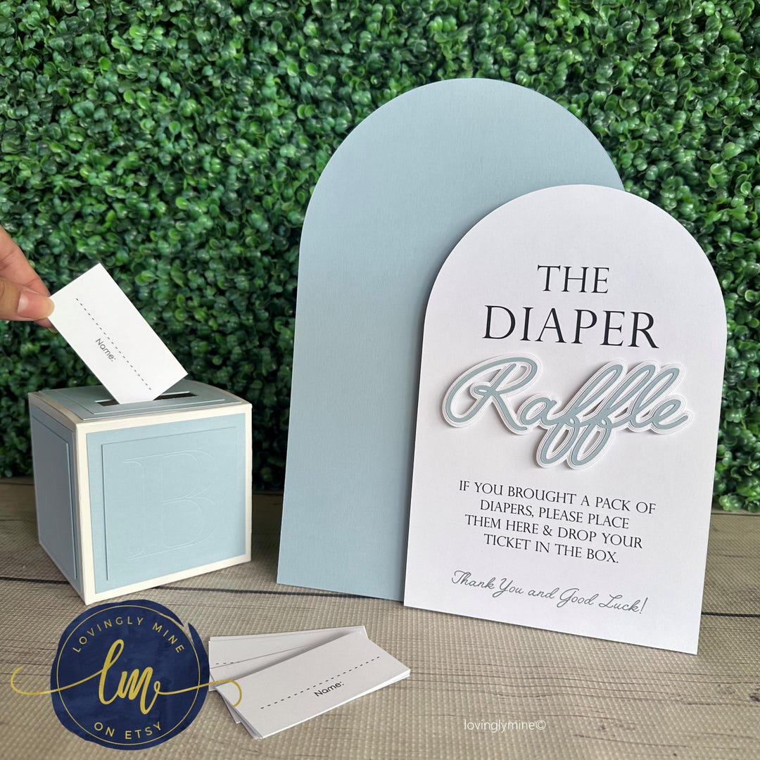 Diaper Raffle Game Kit With Sign and Mini Card Box in Sky Blue and ...