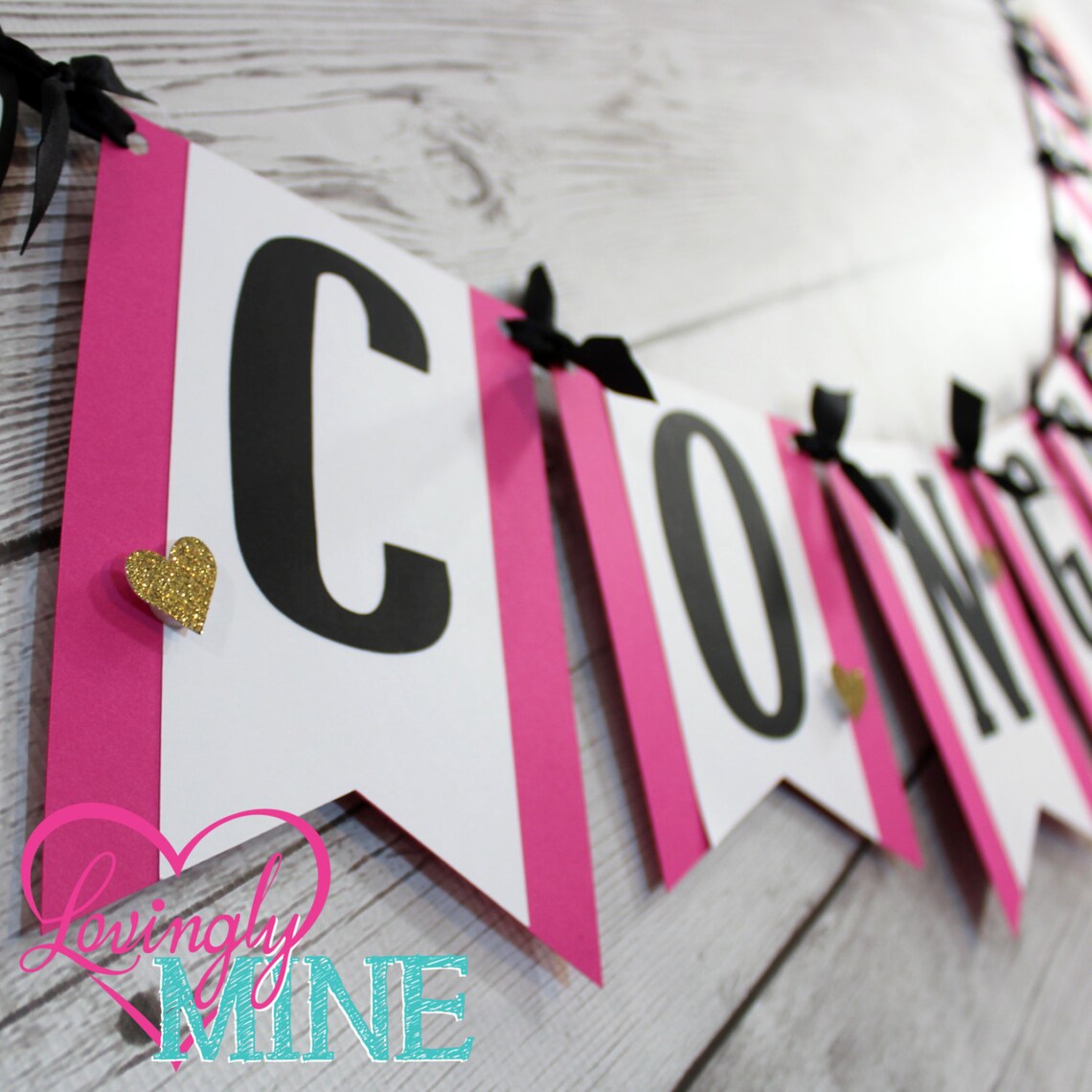 Banners in Hot Pink Black & White Stripes and Glitter Gold | Etsy