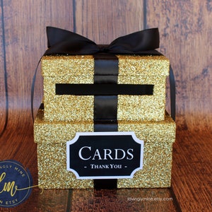 2 Tier Card Box Gold Glitter & Black Satin Ribbon Gift Money - Etsy
