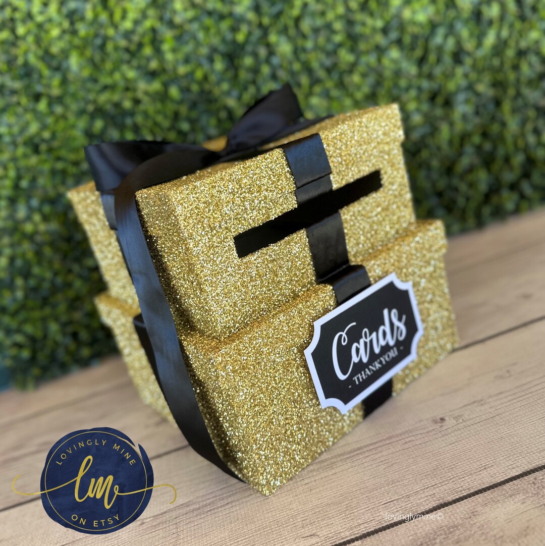 2 Tier Card Box Gold Glitter & Black Satin Ribbon | Gift Money Box for ...