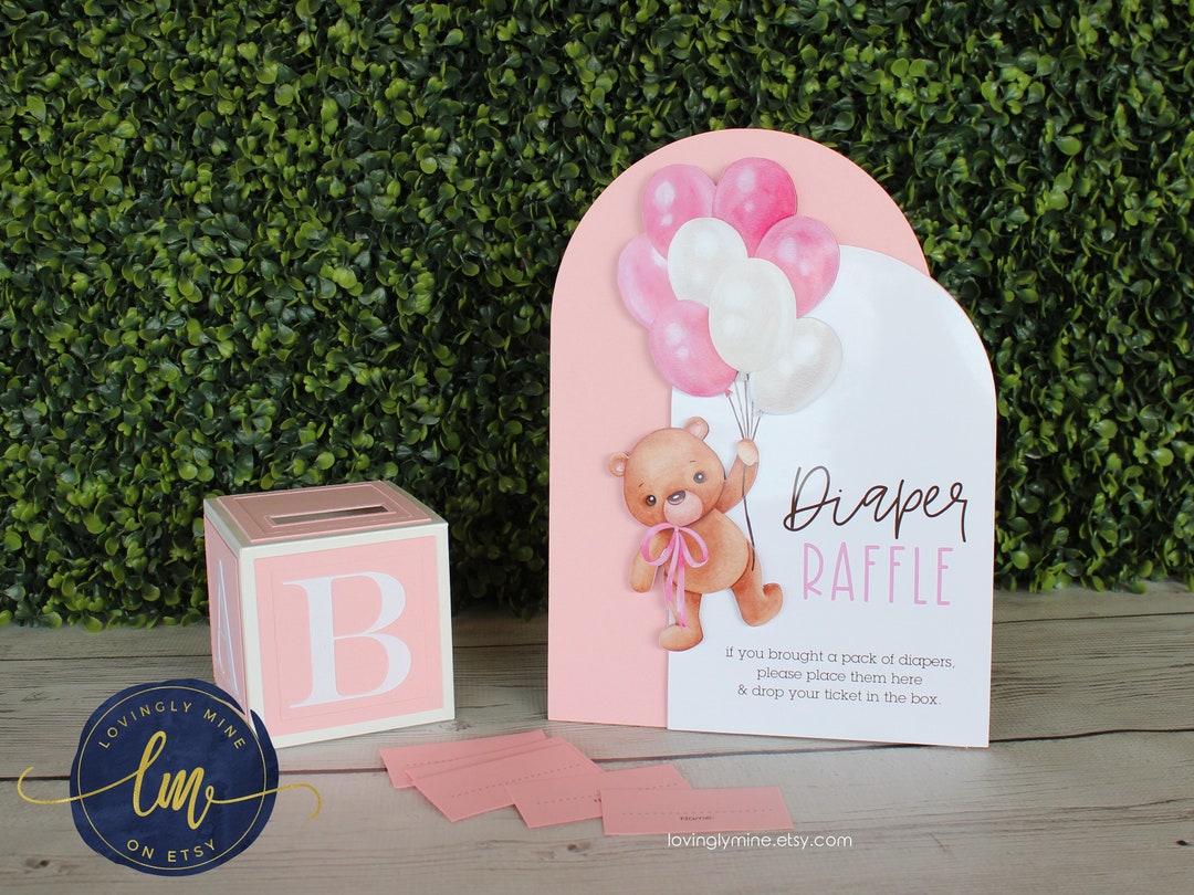 Diaper Raffle Game Set, Teddy Bear Raffle Box With Tickets, Baby Pink ...