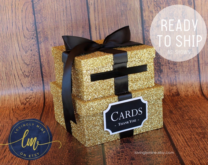 2 Tier Card Box Gold Glitter & Black Satin Ribbon Gift Money Box for ...