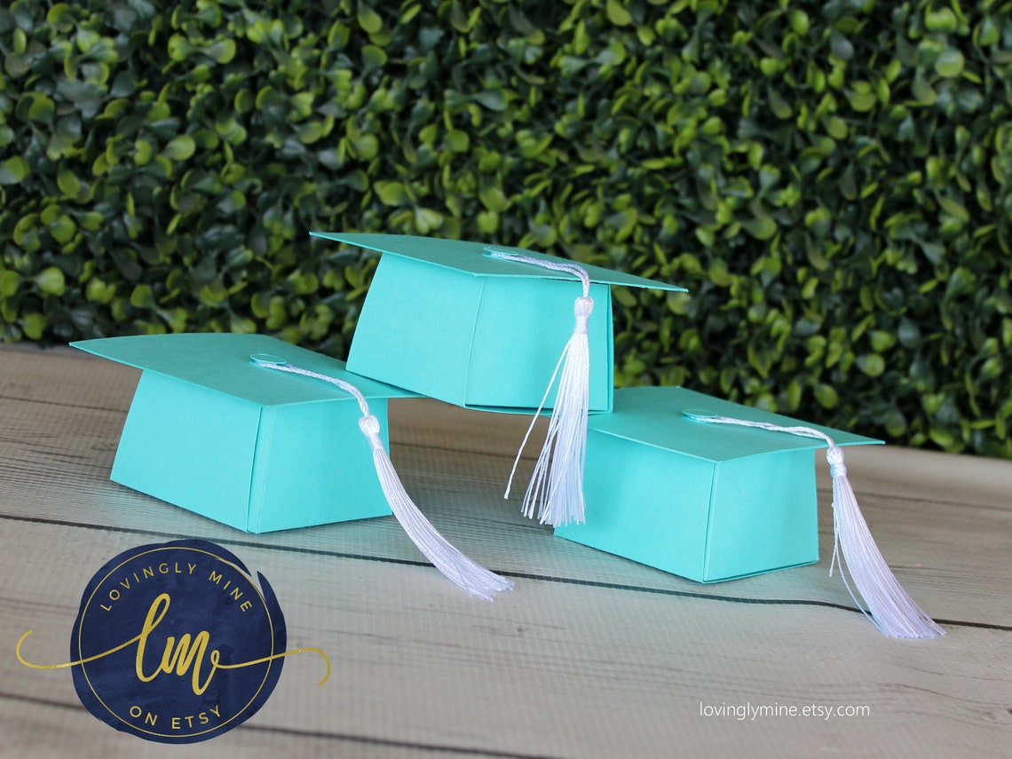 Light Teal Aqua Graduation Grad Cap Favor Boxes With White Tassels and ...