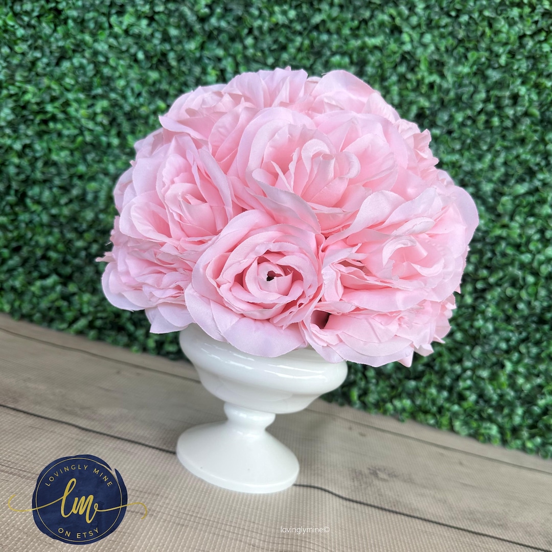 Blush Faux Rose Pomander Centerpiece With White Vase - Tablespace Decor ...