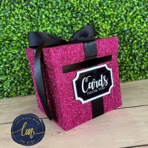 8 X 8 X 8 Card Box Glitter Hot Pink & Black Gift Money Box, Baby Shower ...