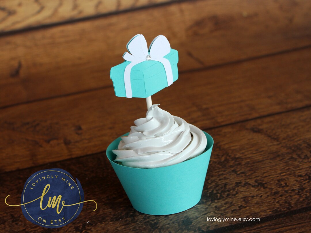 Gift Box Cupcake Toppers Deluxe Double Sided Set of 12 Light Teal Aqua ...
