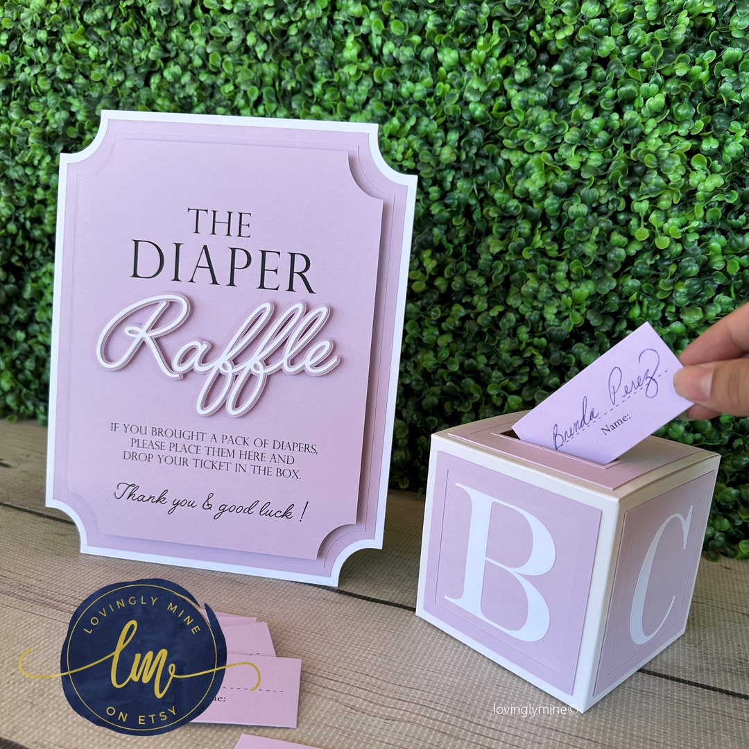 Diaper Raffle Game Kit With Sign and Mini Card Box in Lavender and ...