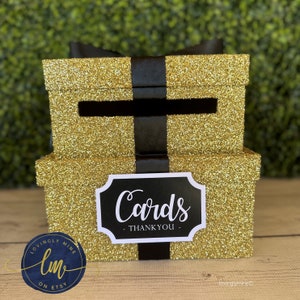 2 Tier Card Box Gold Glitter & Black Satin Ribbon | Gift Money Box for ...