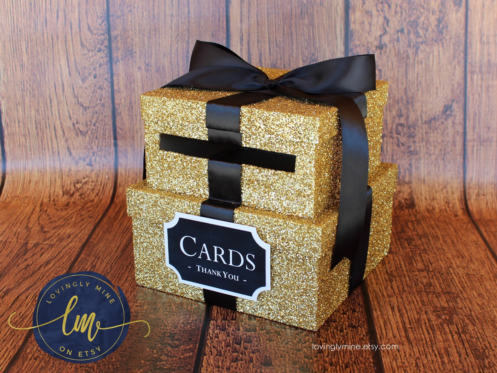 2 Tier Card Box Gold Glitter & Black Satin Ribbon Gift Money - Etsy