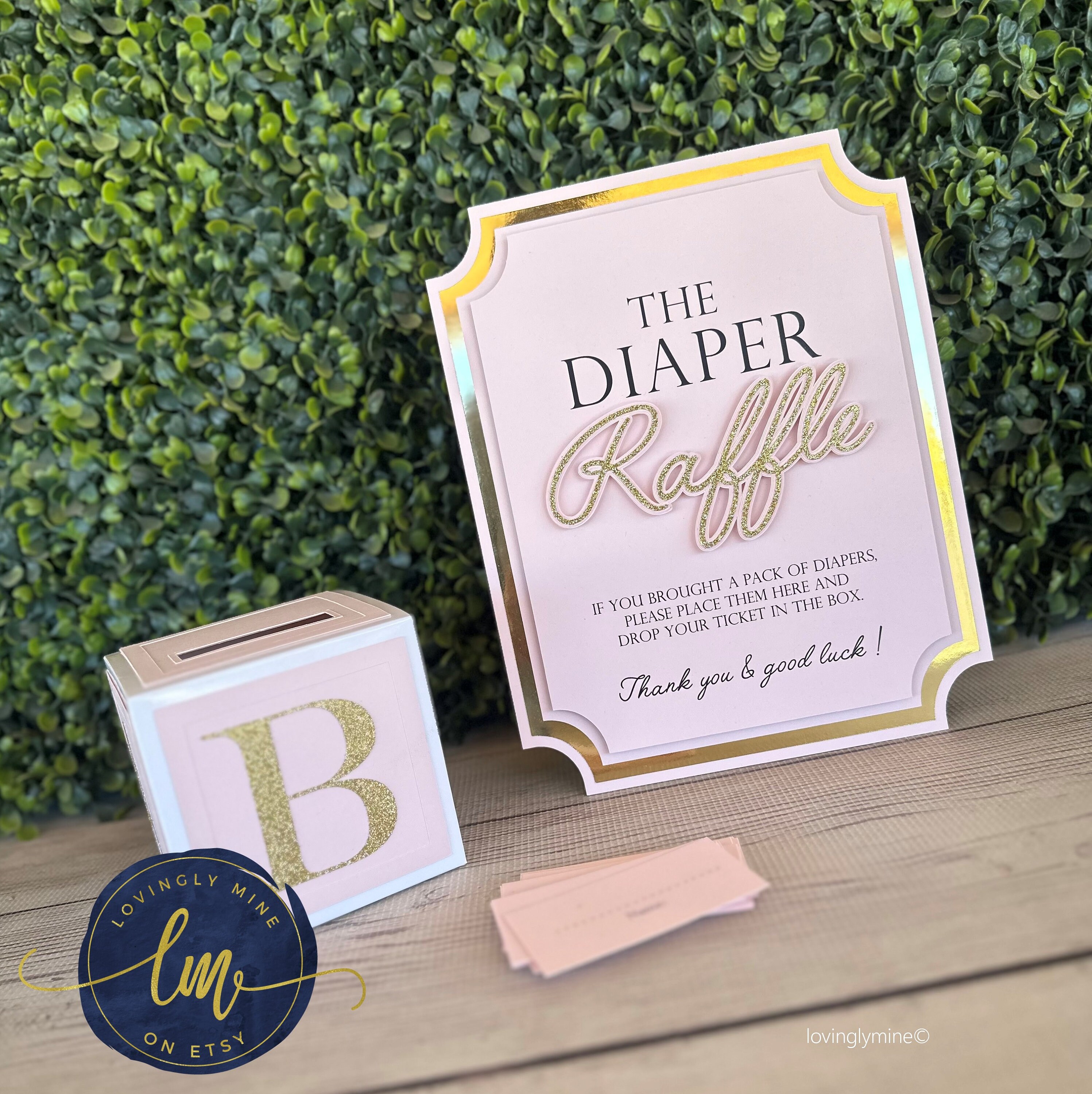 Diaper Raffle Game Kit With Sign and Mini Card Box in Blush Pink, Gold ...