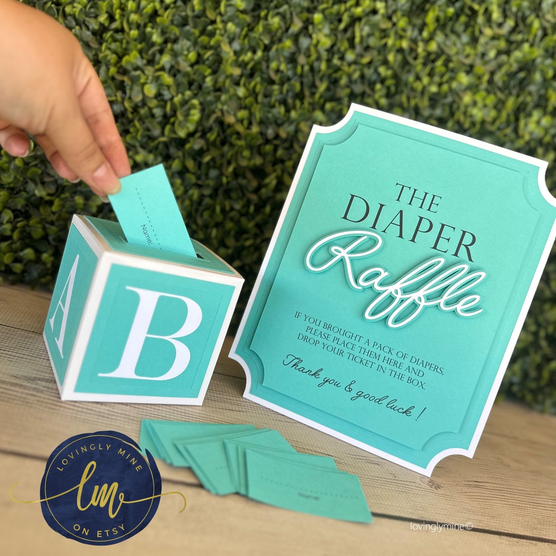 Diaper Raffle Game Kit With Sign and Mini Card Box in Light Teal Aqua ...