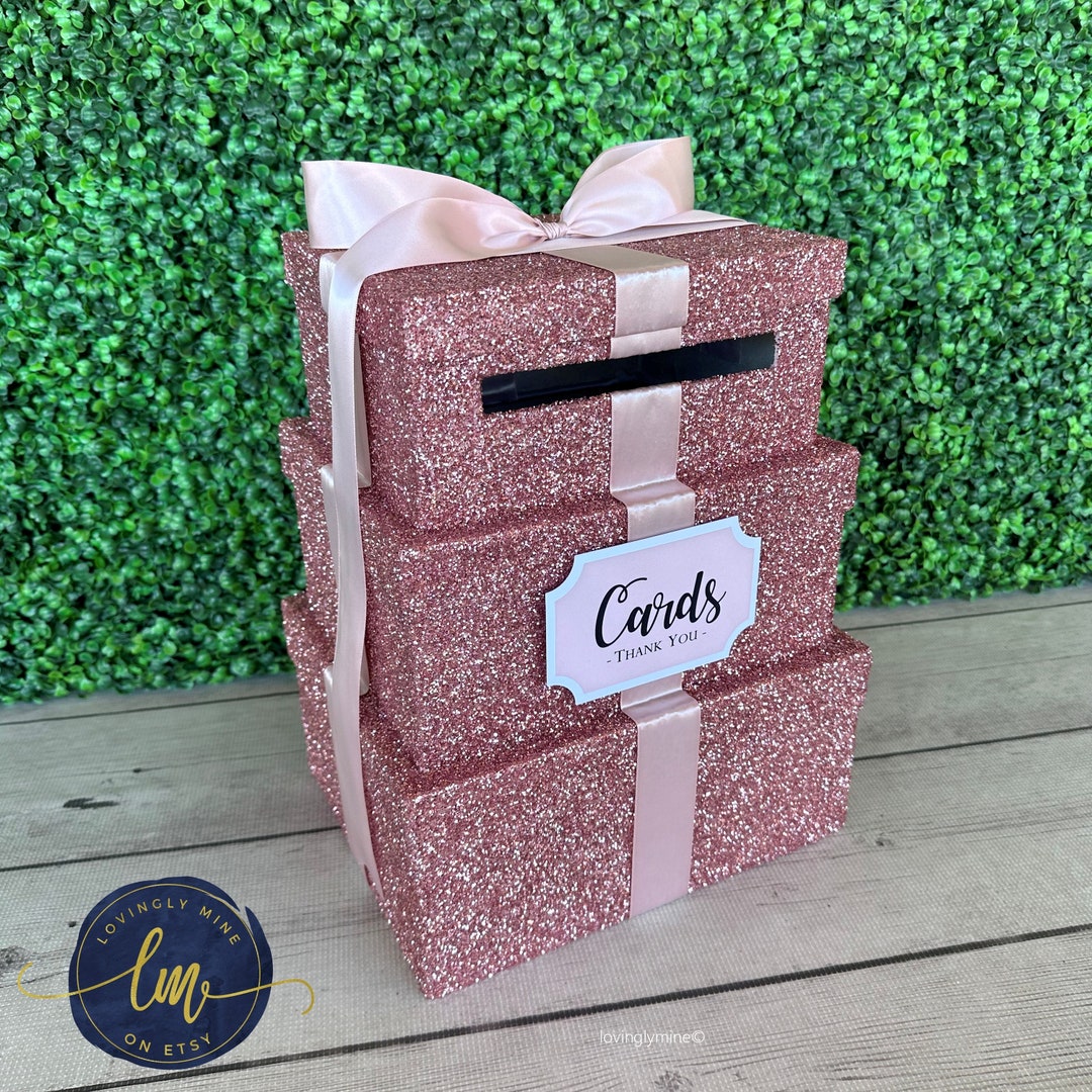 Card Box 3 Tier Pink Glitter, Blush Pink Satin Ribbon, Gift Money Box ...