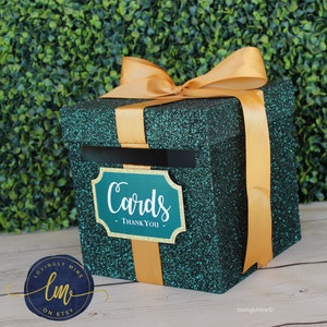8 X 8 X 8 Card Box Dark Green Glitter & Satin Gold, Glitter Gold Gift ...