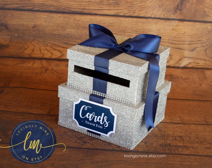2 Tier Card Box | Fine Silver Glitter, Silver Rhinestones & Navy Satin ...