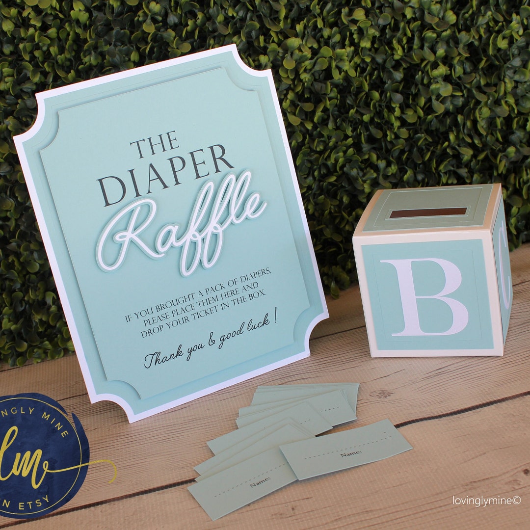 Diaper Raffle Game Kit With Sign and Mini Card Box in Baby Blue & White ...