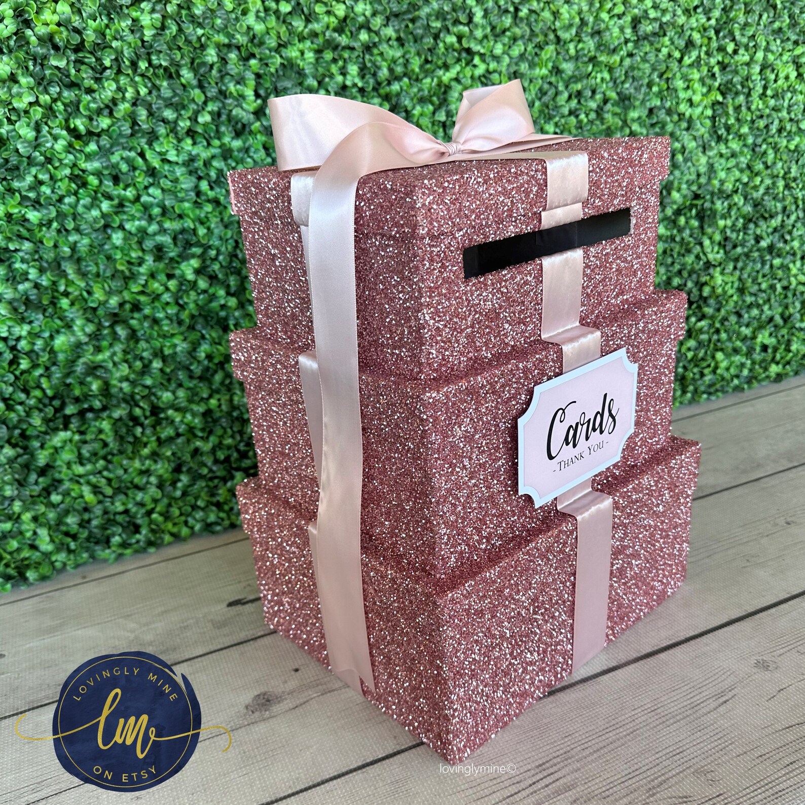 Card Box 3 Tier Pink Glitter, Blush Pink Satin Ribbon, Gift Money Box ...