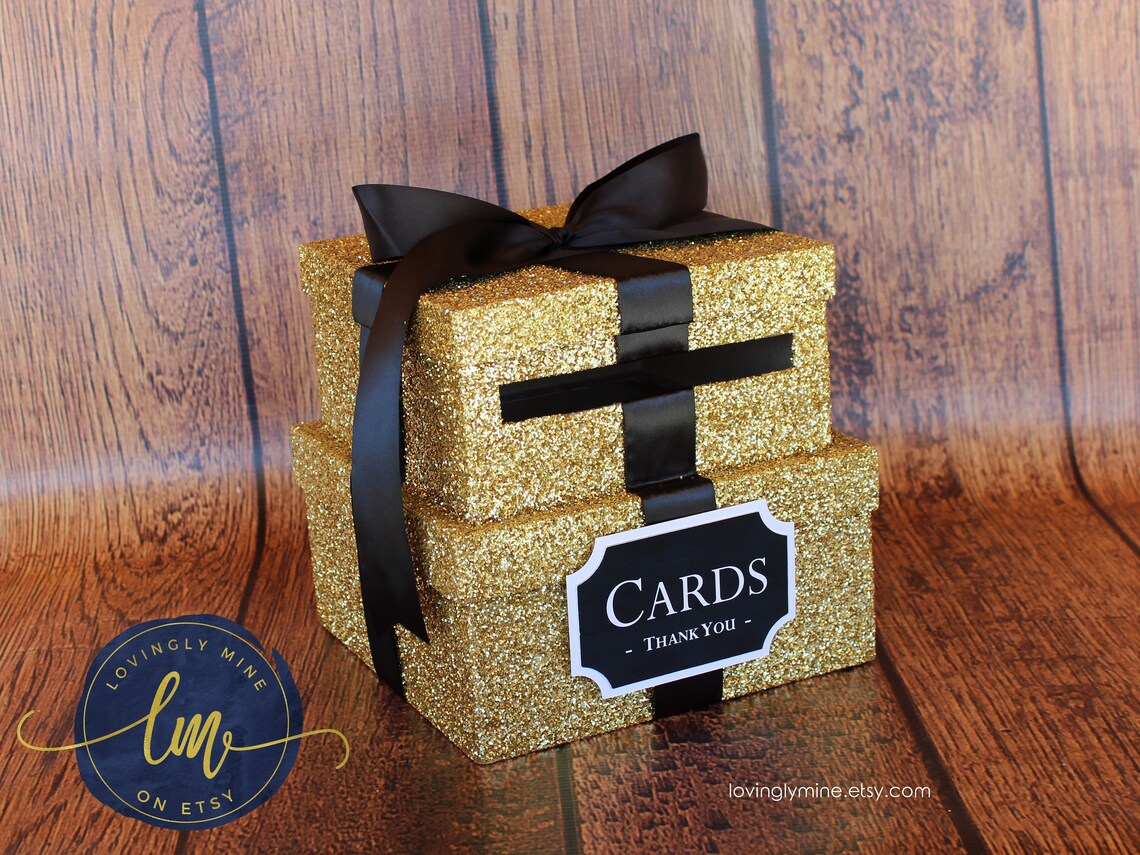 2 Tier Card Box Gold Glitter & Black Satin Ribbon Gift Money - Etsy