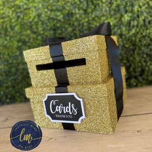 2 Tier Card Box Gold Glitter & Black Satin Ribbon | Gift Money Box for ...