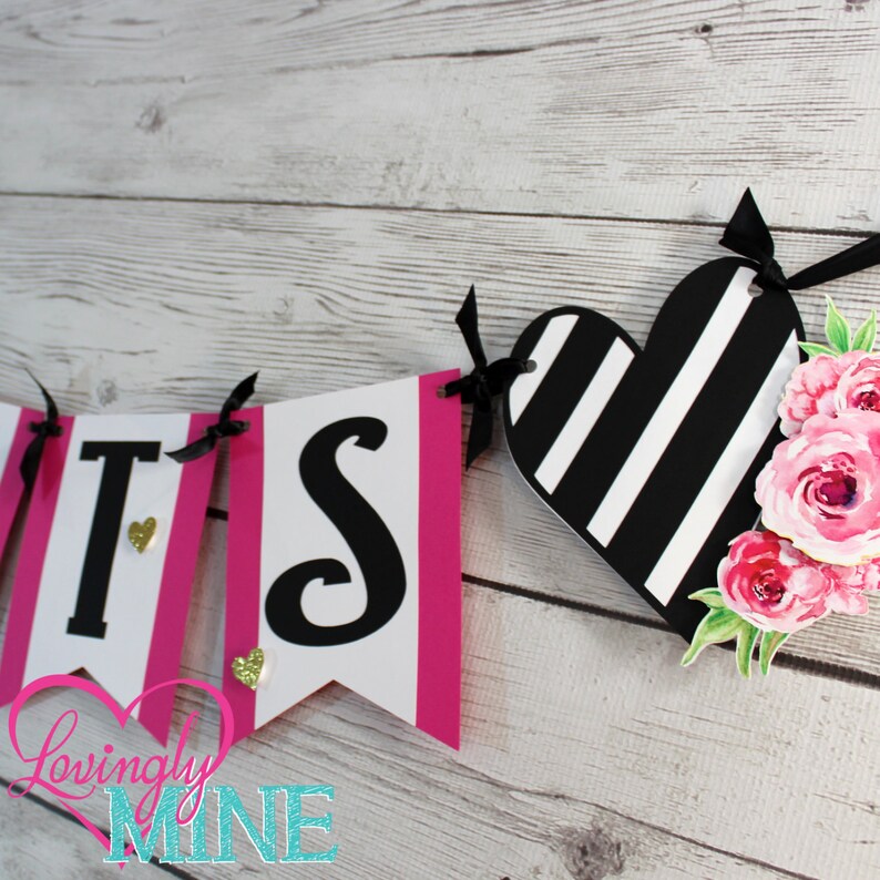 Banners in Hot Pink Black & White Stripes and Glitter Gold | Etsy
