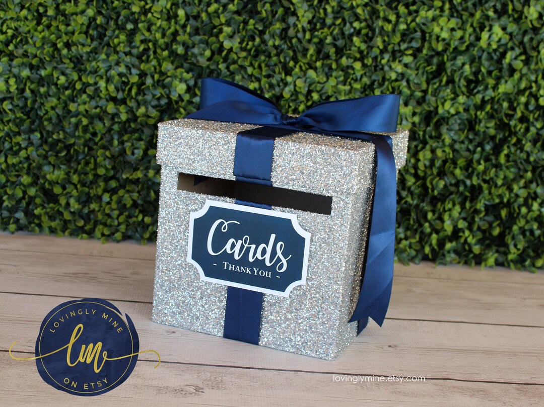 8 X 8 X 8 Card Box Fine Glitter Silver & Navy Blue Gift Money Box ...