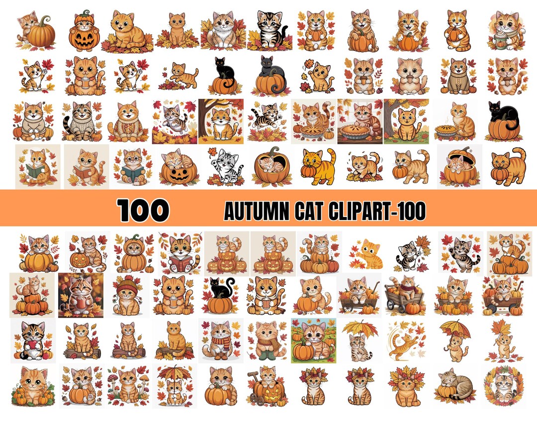 Autumn Cat Clipart Bundle 100 PNG | Pumpkin Cat Clipart, Watercolor Cat ...