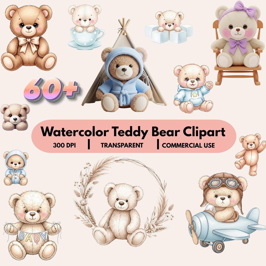 Watercolor Teddy Bear Clipart Bundle, Baby Shower Nursery Decor ...