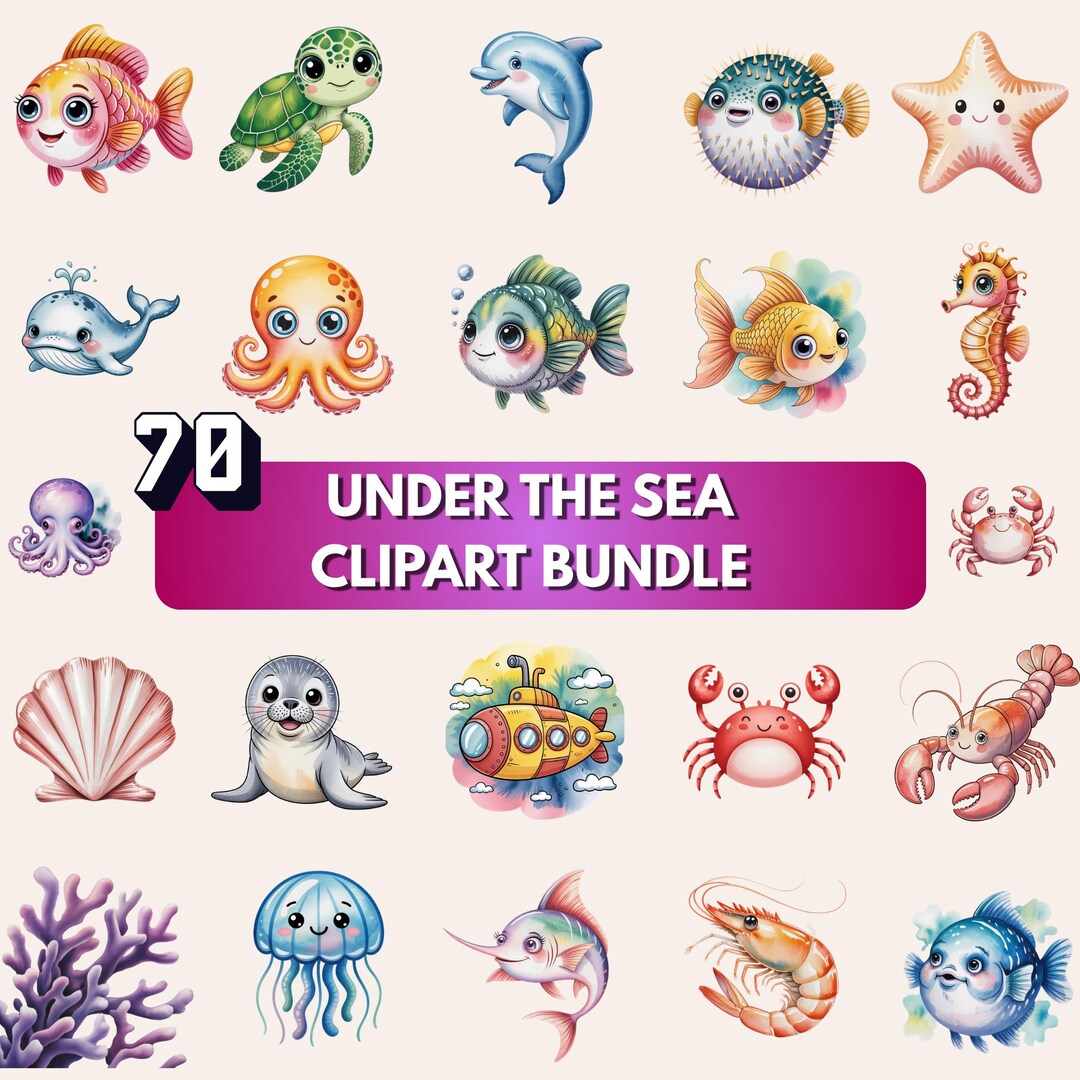 Under the Sea Clipart Bundle PNG, Watercolor Ocean Animals Illustration ...