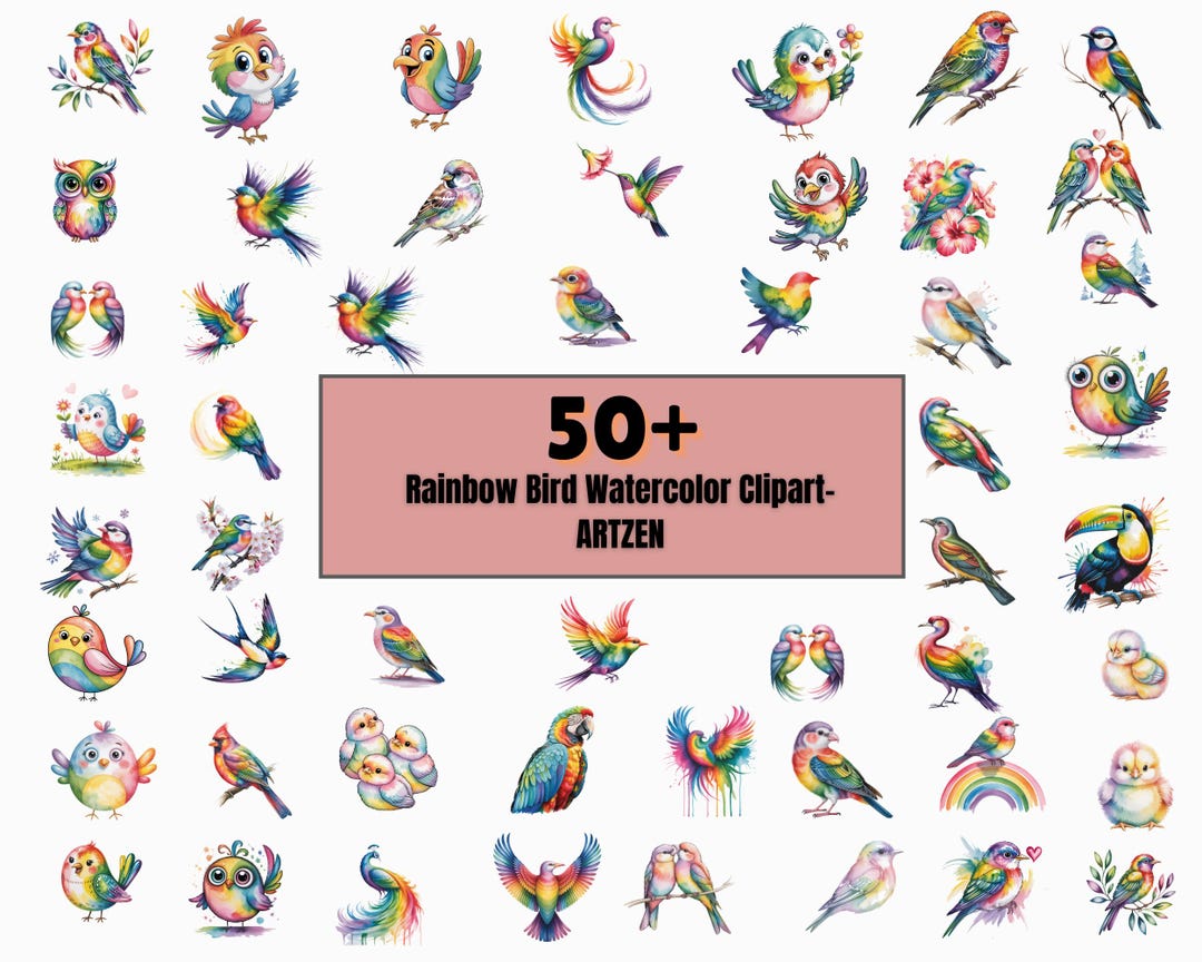 50+ Rainbow Bird Watercolor Clipart Bundle, Bird Clipart PNG, Cute ...