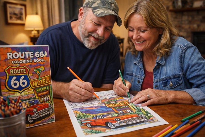 Route 66 Printable Coloring Pages | Vintage Road Trip | Retro Car Motel ...