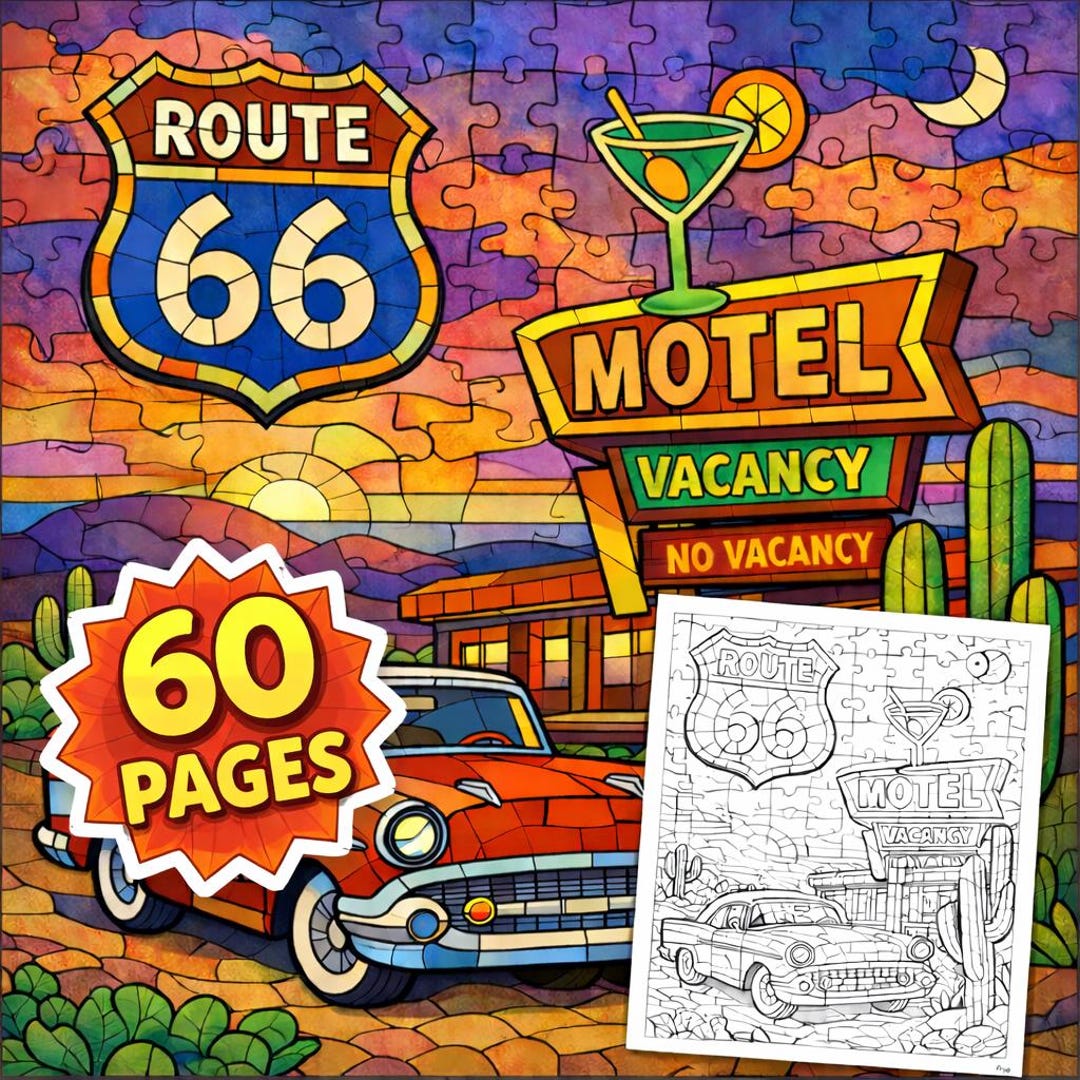 Route 66 Printable Coloring Pages | Vintage Road Trip | Retro Car Motel ...