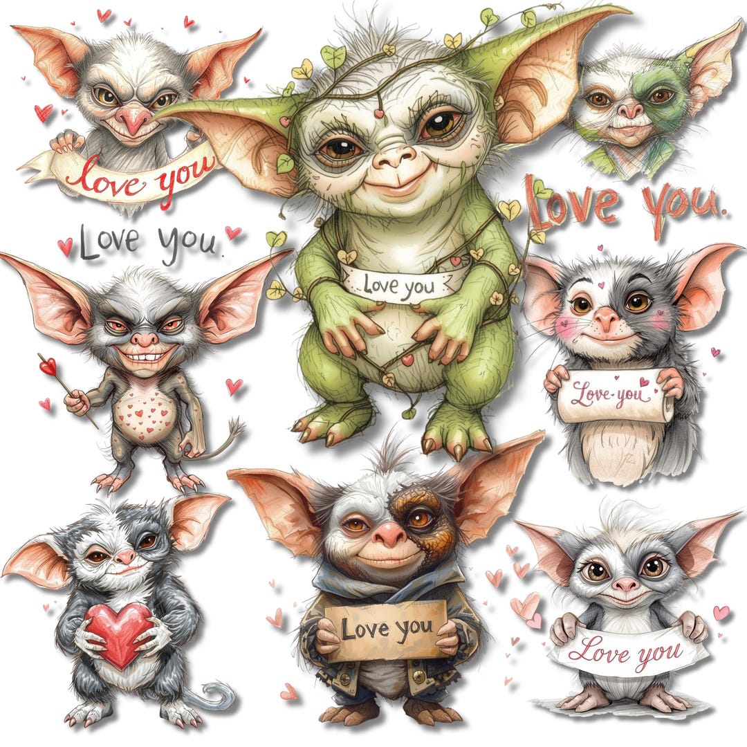 Adorable Valentine Monsters Clipart PNG - Creepy Cute Gremlins Set ...
