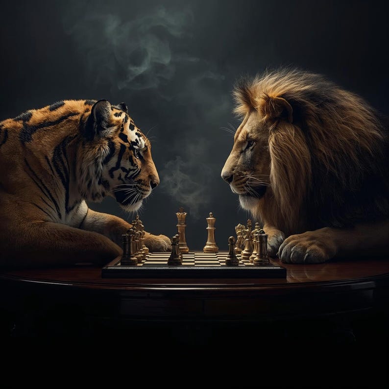 Tiger Vs Lion – the Ultimate Battle of Kings | Chess Strategy Wall Art ...