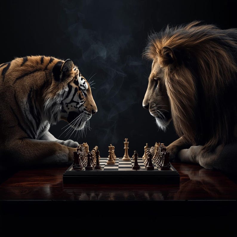 Tiger Vs Lion – the Ultimate Battle of Kings | Chess Strategy Wall Art ...