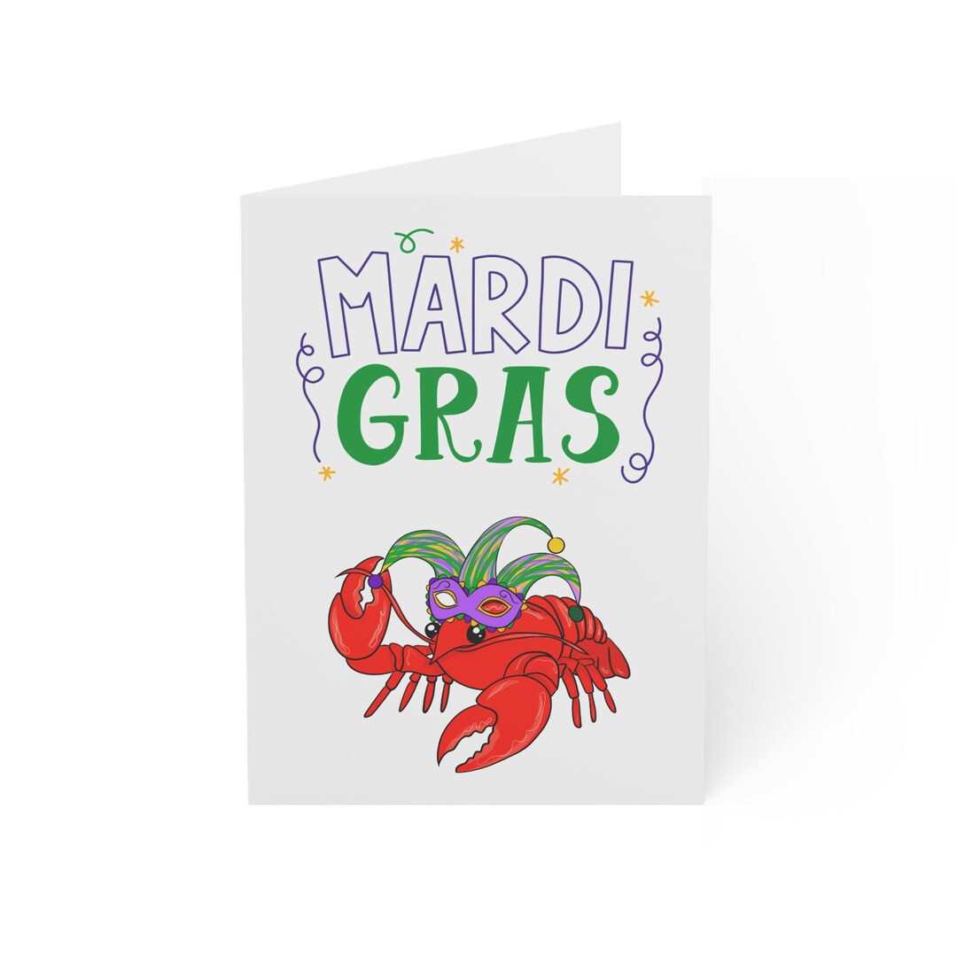 Mardi Gras Crawfish Greeting Card | Carnival Mask & Fleur-de-lis - Etsy