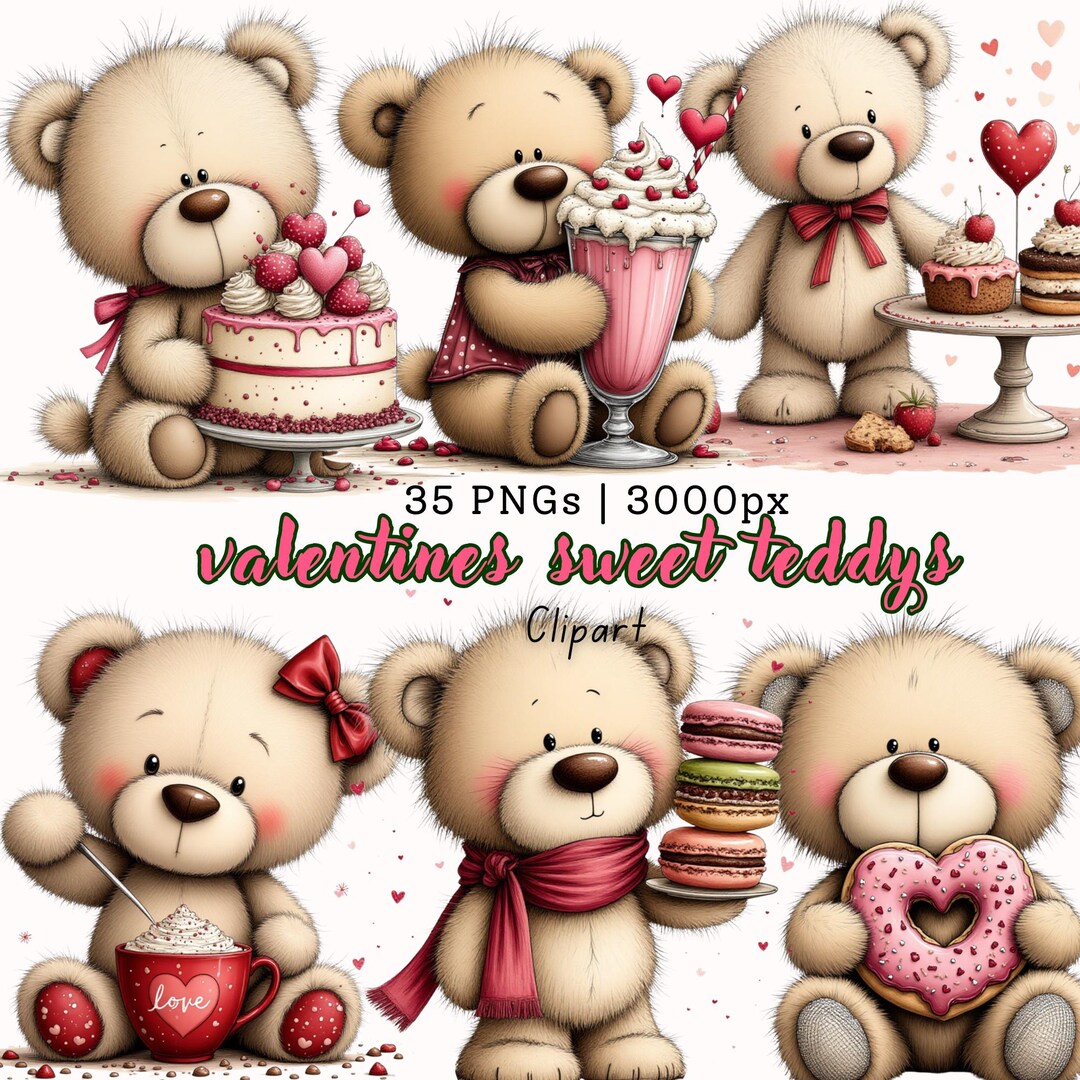 Valentine Teddy Bear Clipart: Whimsical Candy & Sweets (35 Pngs ...