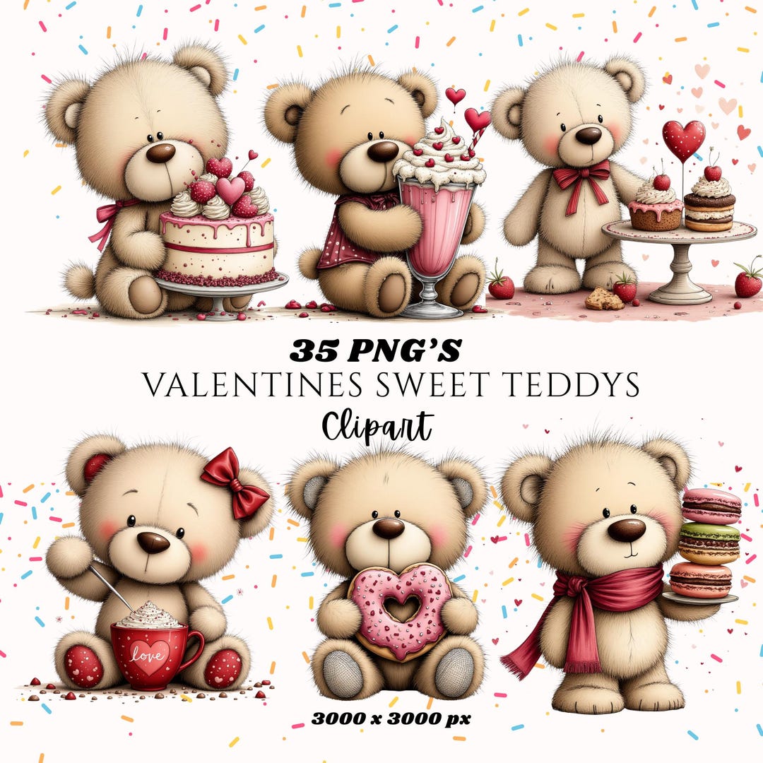 Valentine Teddy Bear Clipart: Whimsical Candy & Sweets (35 Pngs ...