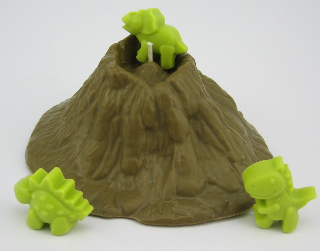 Volcano Pillar Candle With Green Dinosaurs – Dinosaur Wax Melts Option ...