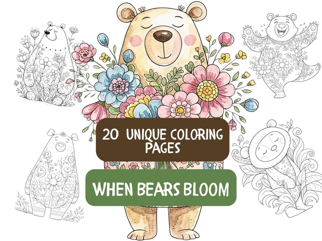 Floral Bear Coloring Pages, 20 Spring Animal Designs (printable PDF) - Etsy