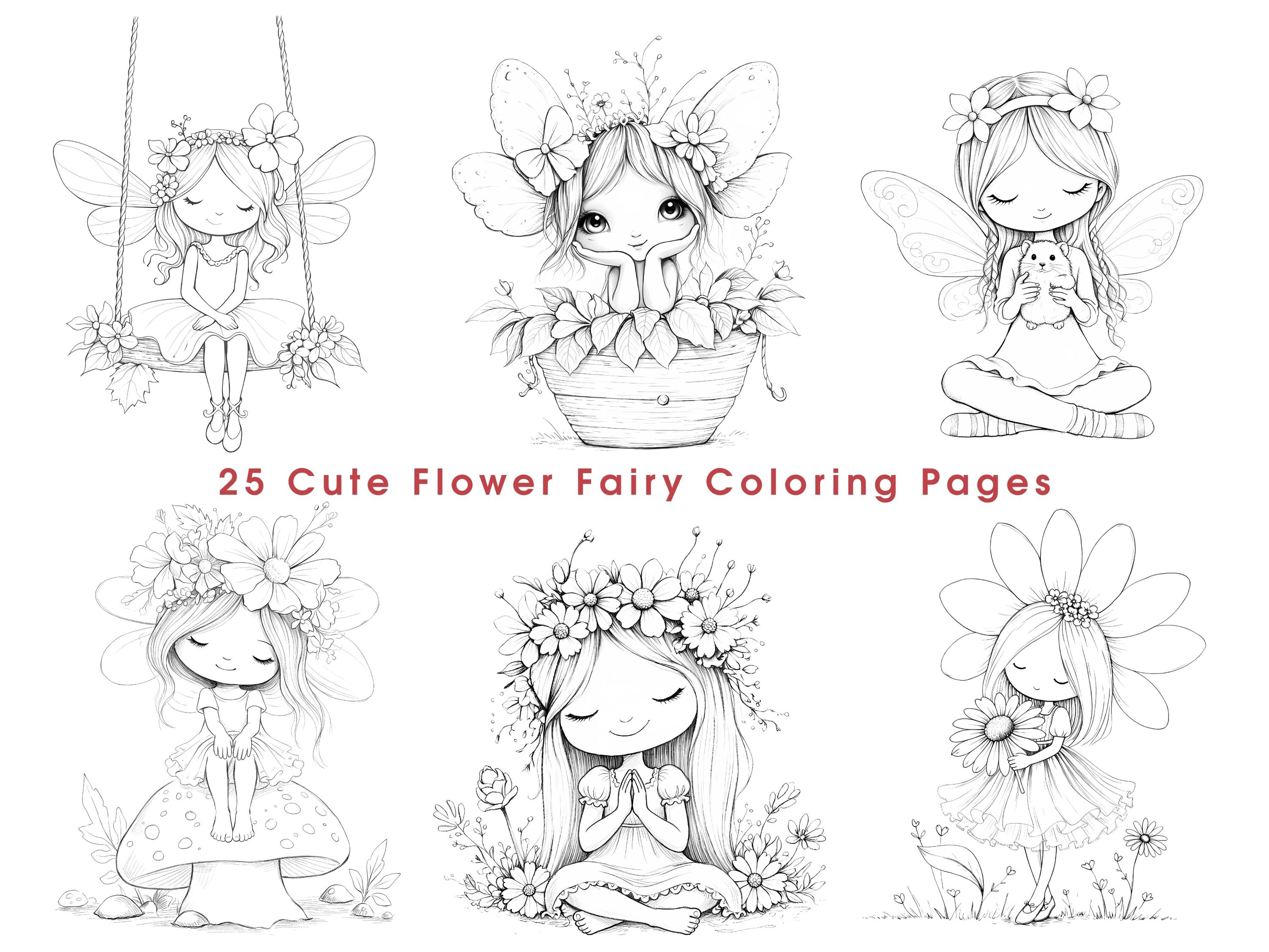 Whimsical Forest Flower Fairy Coloring Pages, 25 Printable PDF Coloring ...